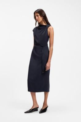 BOSS BOSS midi-length dress with gathered shoulder and pin detail